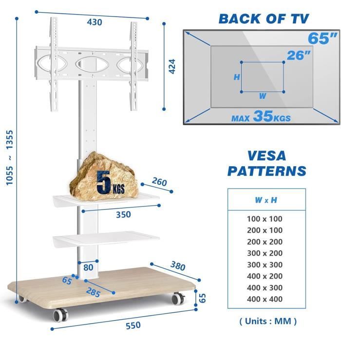 Blanc Support Tv Roulettes Support Tele Mobileavec Avec Socle En Bois ...