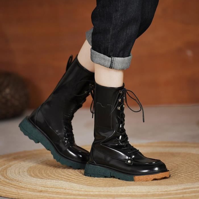 Chaussures pour femmes bout rond talon plat mi-tube bottes de chevalier ...