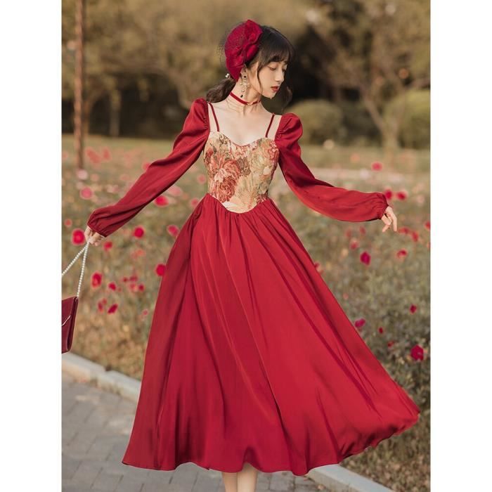 Rétro peinture à l'huile Jacquard Robe rouge Femme Vintage chérie cou ...