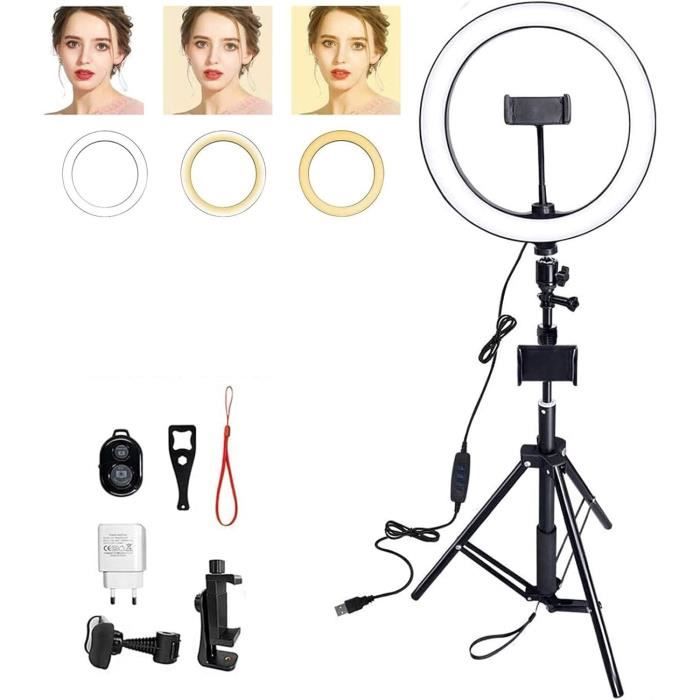 10 Pouces Ring Light Avec Trépied, Led Lumière Anneau Avec 3 Modes D'Éclairage Et 11 Niveaux De ...