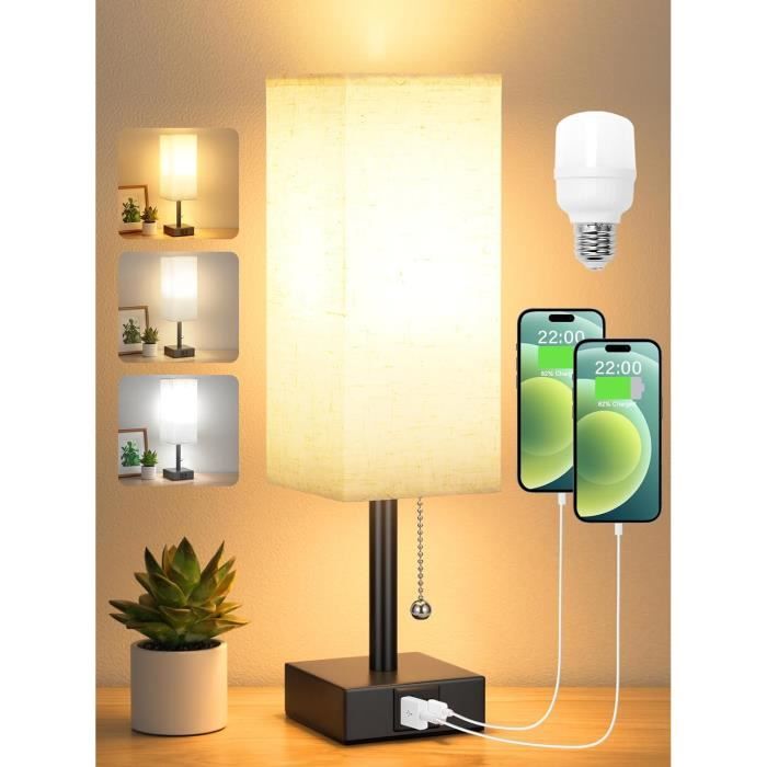Lampe de chevet 3 modes de couleur (3000-4000-5000K) avec port de charge USB-A+C Interrupteur à ...
