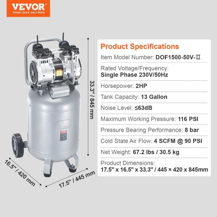 Compresseur à Air - VEVOR - Compresseur Air Sans Huile 13 gal 49 L 2 CV ...
