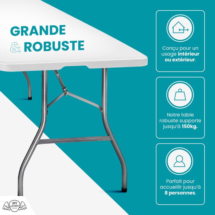 Table Pliante 180 cm Rectangulaire Blanche - 6 / 8 personnes L180 x l74 ...