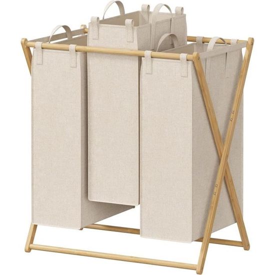Grand Panier A Linge 3 Compartiments En Bambou, Corbeille A Linge ...