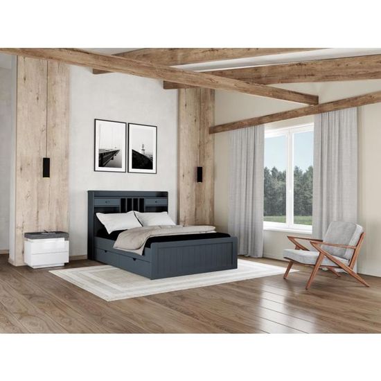Lit avec rangements 140 x 190 cm - Pin - Gris anthracite + Sommier ...