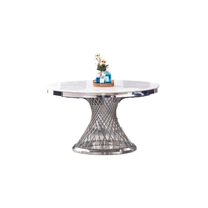 Table Repas ronde DELUXE Chrome verre effet Marbre Blanc D130 cm ...