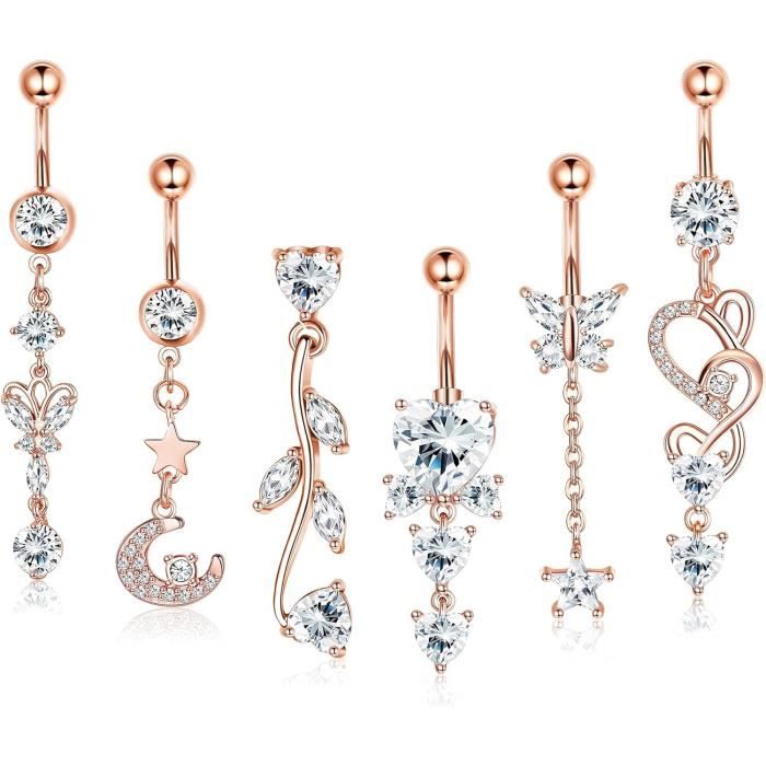 6Pcs Piercing Nombril Pour Femme En Acier Chirurgical 14G Suspension Cz ...