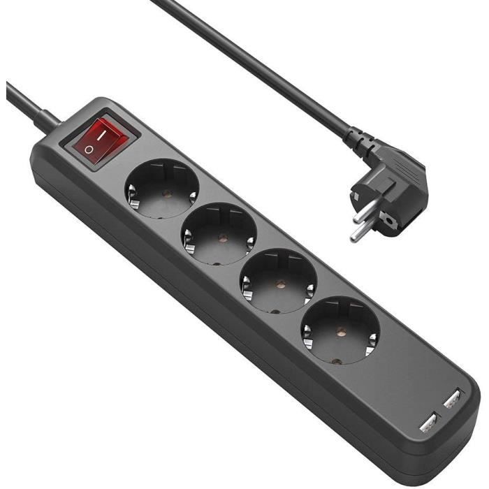 Multiprise 4 Prises + 2 Ports Usb. Noir Câble 1,5 M 3 X 1,5 Mm H05Vv-F ...