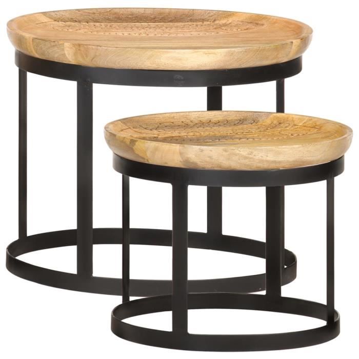 MAG - Tables d'appoint rondes 2 pcs Bois de manguier solide et acier ...