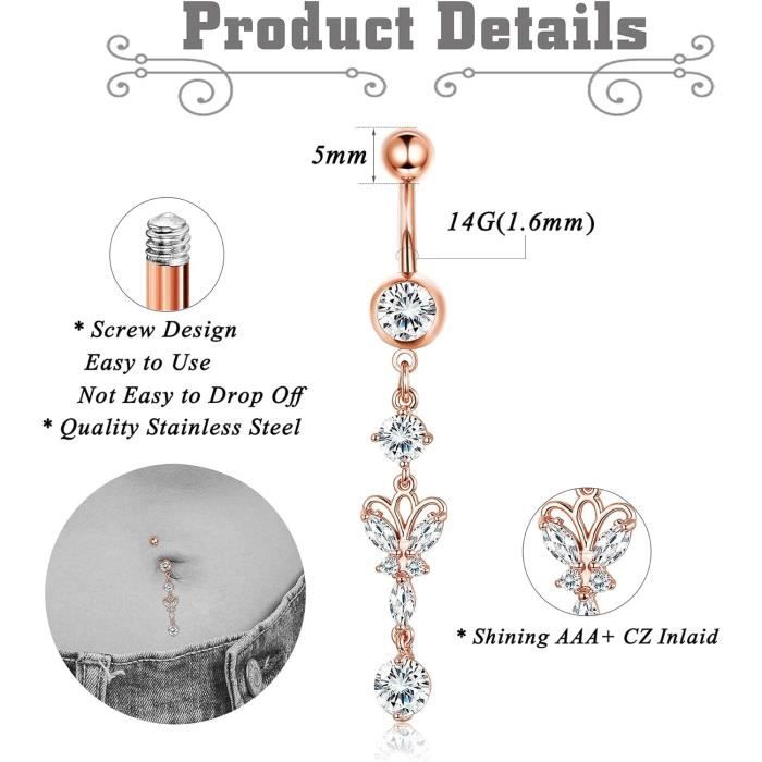 6Pcs Piercing Nombril Pour Femme En Acier Chirurgical 14G Suspension Cz ...