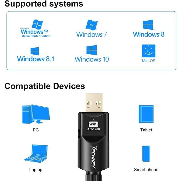 LI-Clé WiFi Puissante 1200Mbps Techkey USB 3.0 Carte WiFi 802.11ac Adaptateur USB WiFi Double ...