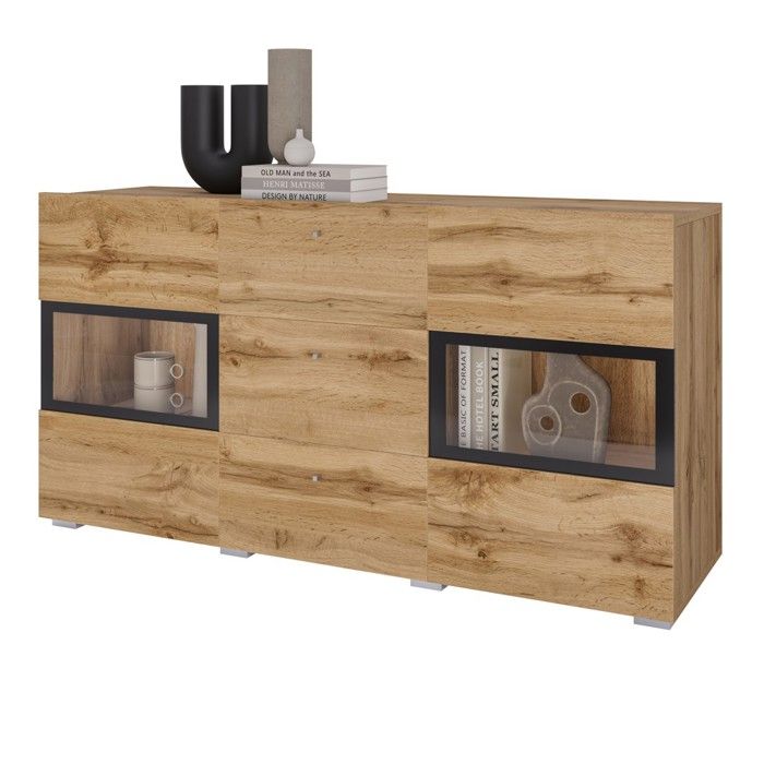 Buffet RAMOS 130 cm – Chêne doré et noir – 2 portes vitrées et 3 ...