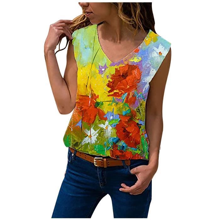 Caraco Sans Manches À La Mode Décontractée Pour Femmes Col En V Et ...