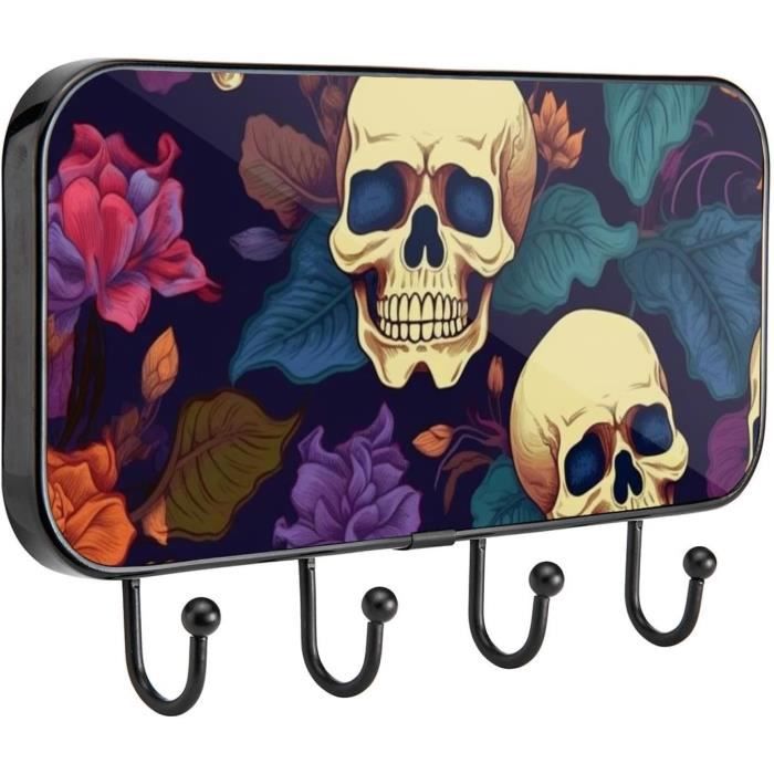 Porte-Clés Mural Décoratif Tête De Mort Et Fleurs - 4 Crochets ...
