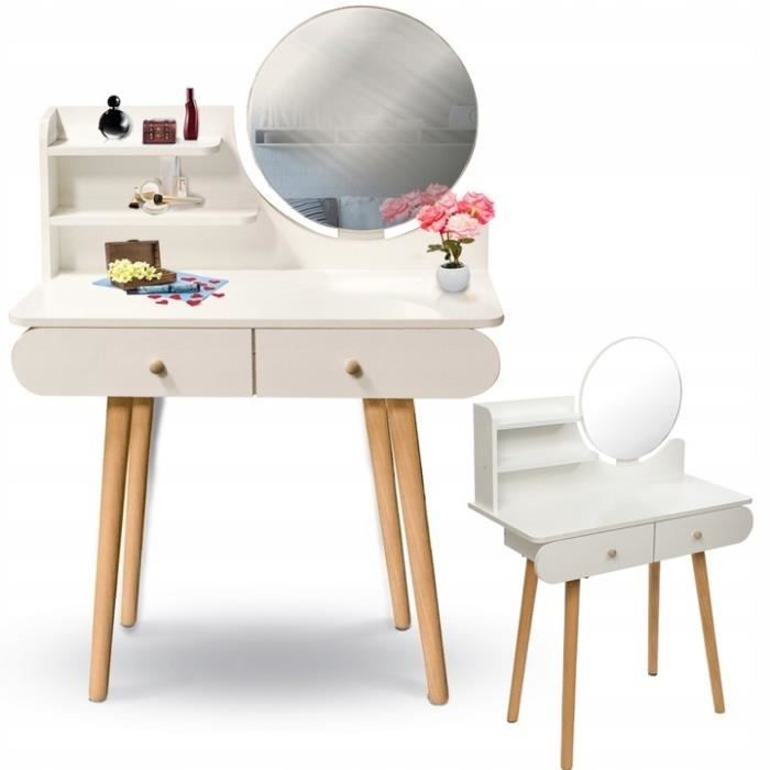 Coiffeuse en bois blanc avec miroir et tiroirs - 122x80x40 cm ...