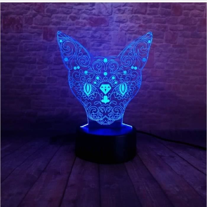 3D Led Illusion Lampe Vision Chaton Tête Cerf 7 Couleurs Changer Tabby ...
