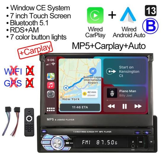 B-MP5-Carplay-1 - Autoradio Android 11, écran rétractable IPS 7 ...