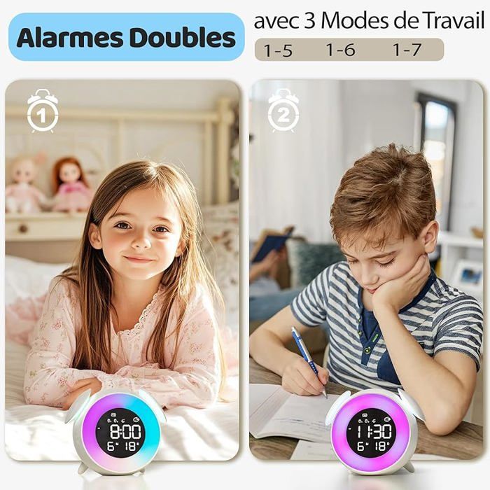 Réveil éducatif pour enfant, jour/nuit, veilleuse 15 couleurs, snooze ...
