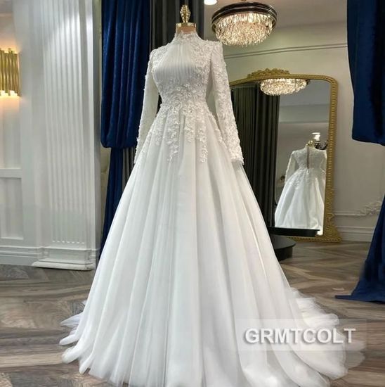 GRMTCOLT® Dubaï Arabe Musulmanes Luxe Dentellee Manches Longues Col Haut Plissé Design Robe De ...