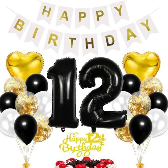 Decoration Anniversaire 12 Ans Fille, Ballon Noir Or 12E Anniversaire ...