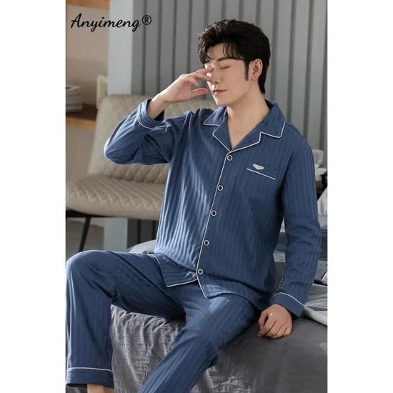 Pyjama,Ensemble pyjama de luxe en coton pour homme,doux,col rabattu ...