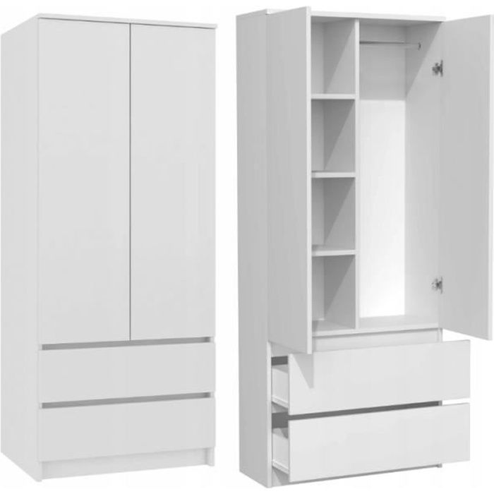 Armoire blanche, dressing, 180 cm, 2 portes, 2 tiroirs, 4 étagères ...