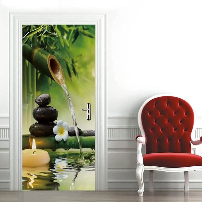 Stickers Porte Bambou Vert Et Eau Qui Coule Papier Peint Zen Porte ...