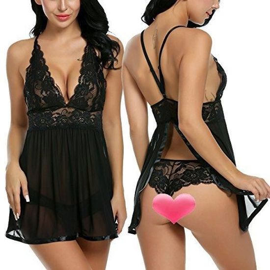 Femme Ensemble de Lingerie Dentelle Col V Erotique Nightwear Robe de Nuit Nuisette Transparente ...