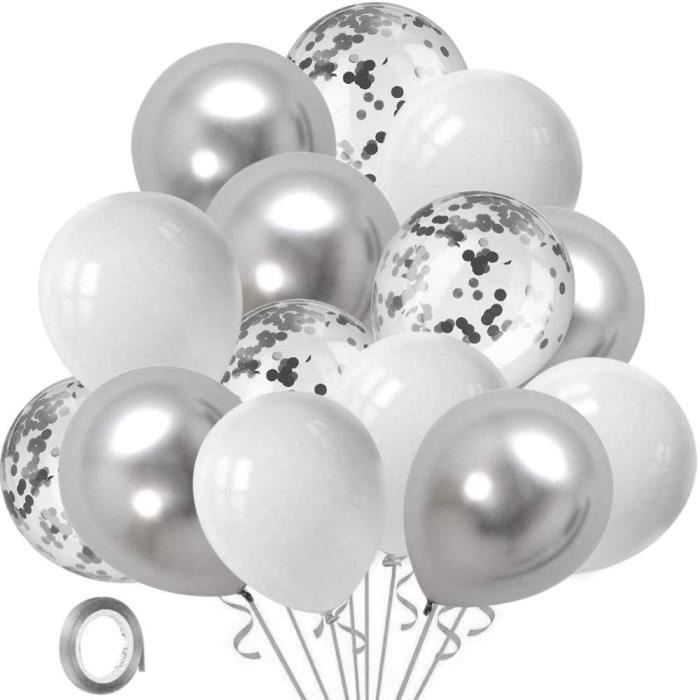 Ballons de fête confetti blanc et argent - 50 pcs 12 pouces blanc perle ...