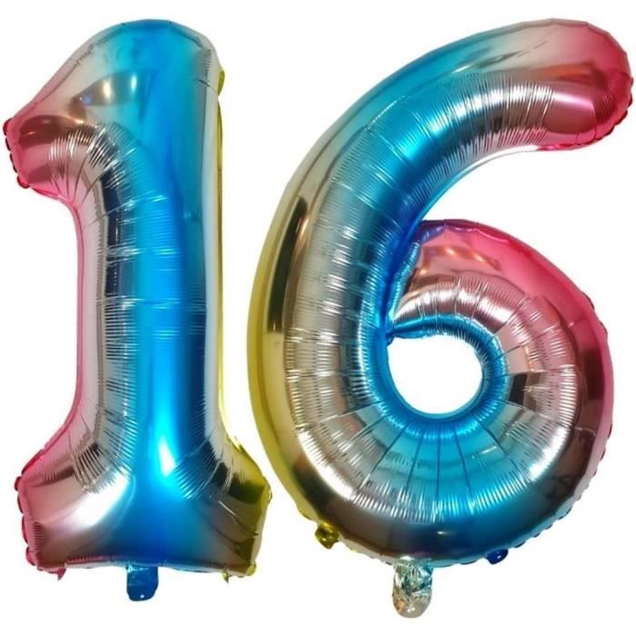Ballon 16 Ans Bleu Arcen-Ciel Xl - Ballon Anniversaire 16 Ans Decoration, Ballon Chiffre 16 ...