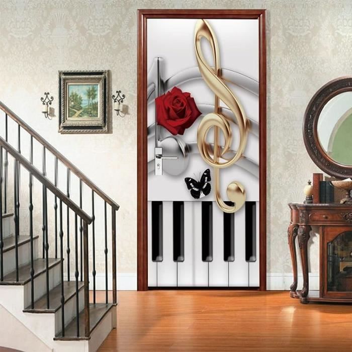 Sticker Porte 3D - AUTREMENT - Touches de Piano et Fleurs - 77x200cm ...