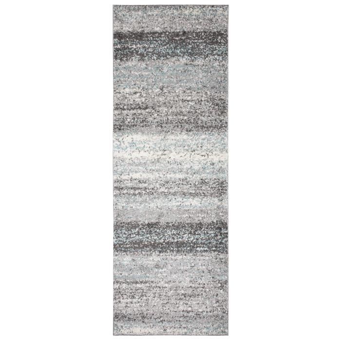 TAPISO Tapis Couloir Shaggy Poils Longs DELHI Gris Taupe Blanc Rayures ...
