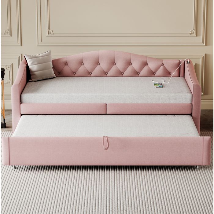 Lit banquette gigogne couchage 90x200 extensible USB en lin rose avec ...