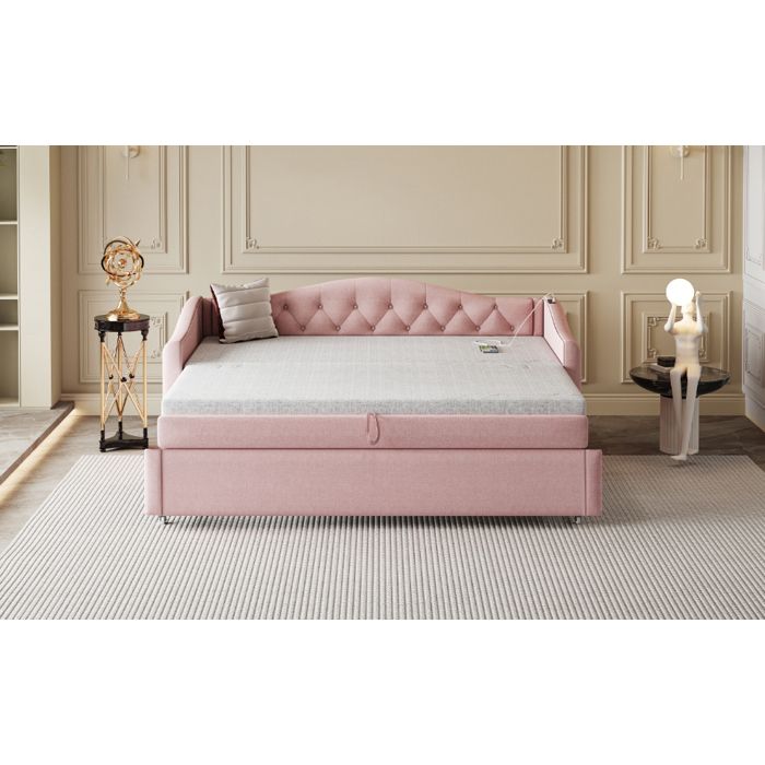 Lit banquette gigogne couchage 90x200 extensible USB en lin rose avec ...