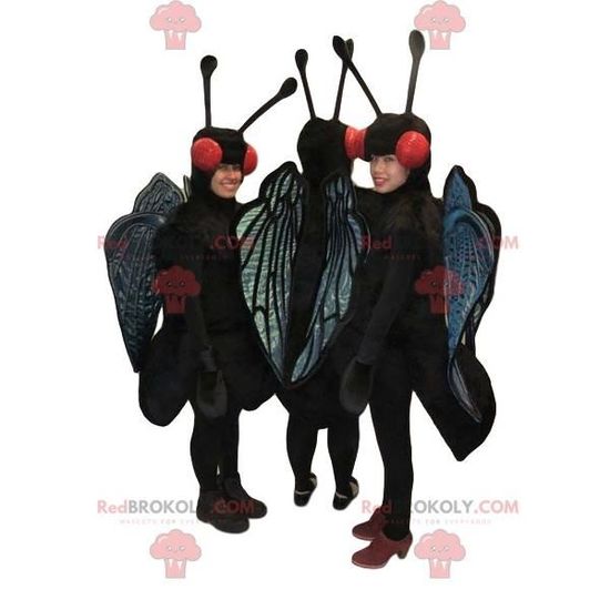 Mascottes de trois papillons noirs et bleus. Costumes de papillons ...