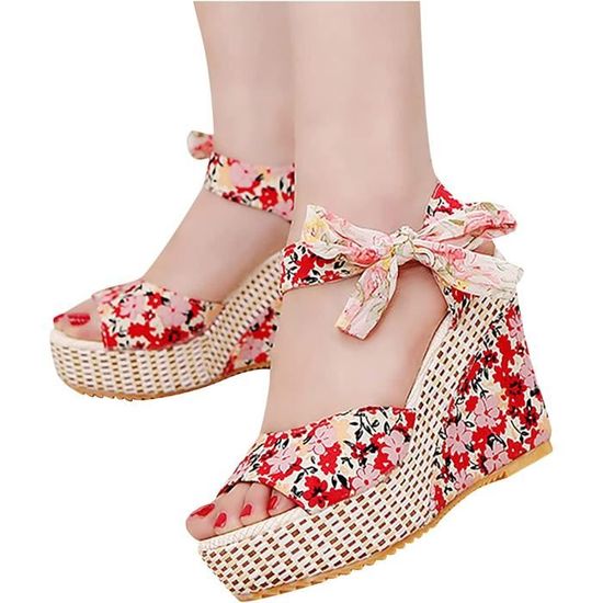 Sandales Compensées Été Femme - Rouge - Talon Compensé 10cm - Bout ...