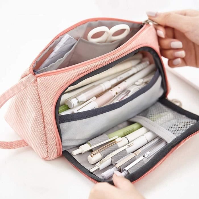 Shager Trousse à crayons avec 3 compartiments Rose Grand format 20 x 11 ...