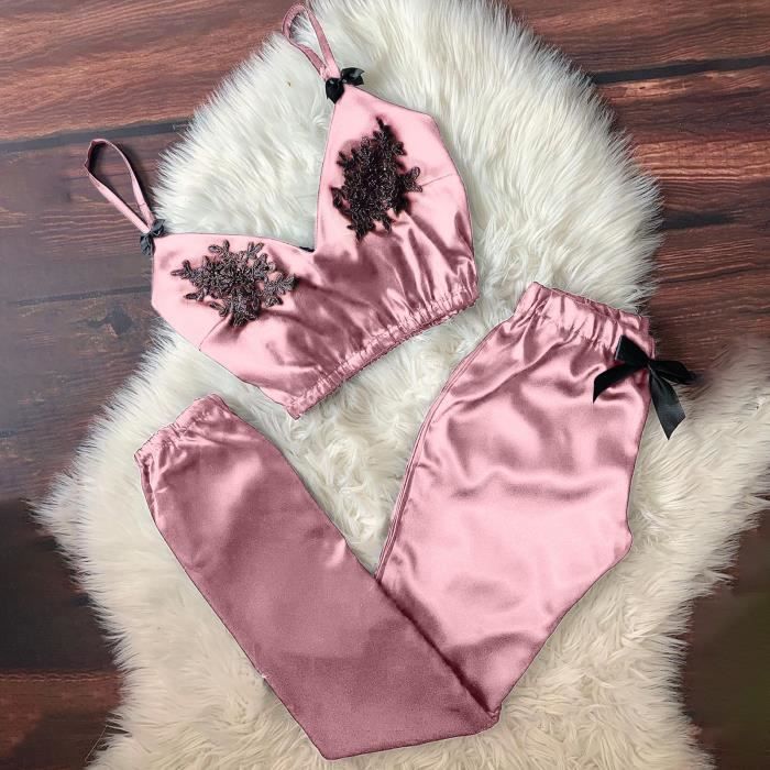 Femmes V Neck Cils Dentelle Sexy Tache Camisole Pyjama Bowknot Pantalon