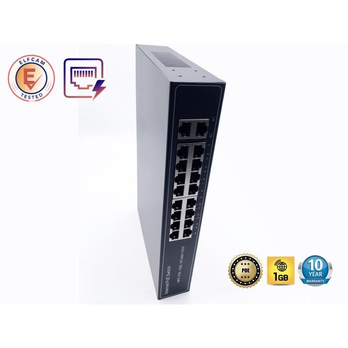 Elfcam® - 16 Ports PoE Ethernet Switch avec 2 Ports Uplink Gigabit Ethernet 10-100-1000Mbps ...
