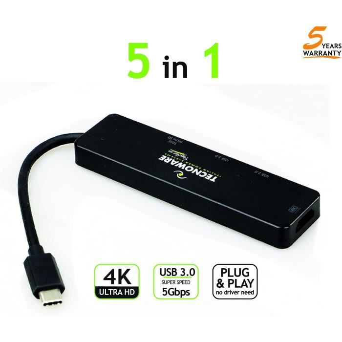 Tecnoware Hub Usb Type-C, Adaptateur 5-En-1, Compatible Avec Notebook ...