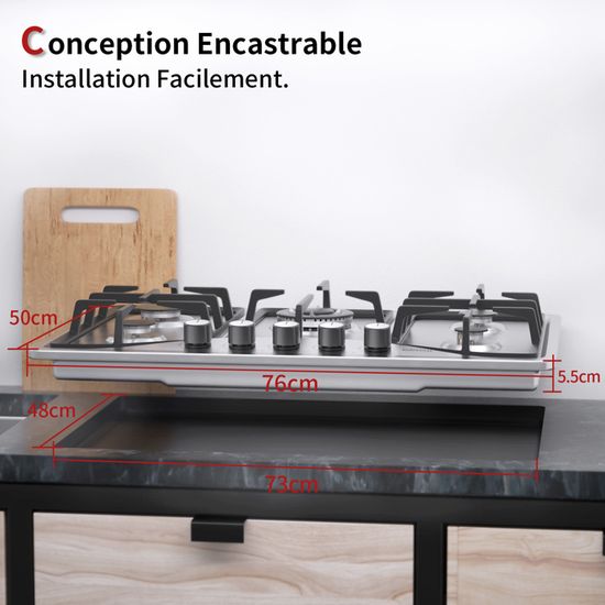 IsEasy Plaque Gaz 5 Feux Inox, Plaque de Cuisson Gaz 5 feux Encastrable ...