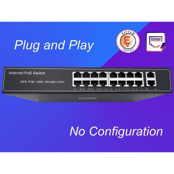 Elfcam® - 16 Ports PoE Ethernet Switch avec 2 Ports Uplink Gigabit Ethernet 10-100-1000Mbps ...