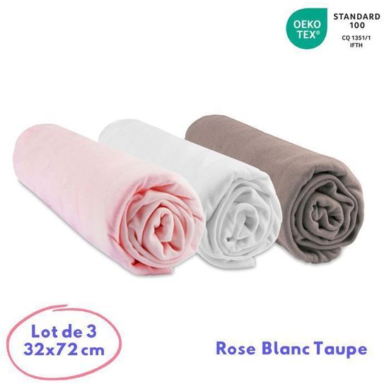 Lot de 3 draps housses Bambou pour Couffin 32x72 - rose blanc taupe ...