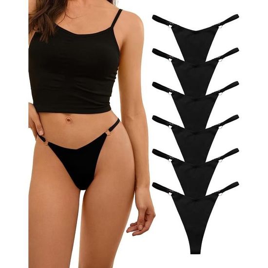 Lot de 6 Strings Femme - Sexy Chic - Respirant - Noir - Tanga - 85% Polyamide 15% Élasthanne ...
