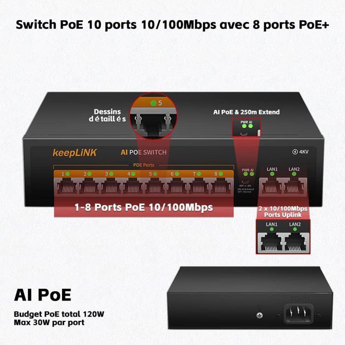 10 Port PoE Switch, 8 Ports PoE+100Mbps, 2 Ports Uplink 100Mbps, 120W ...