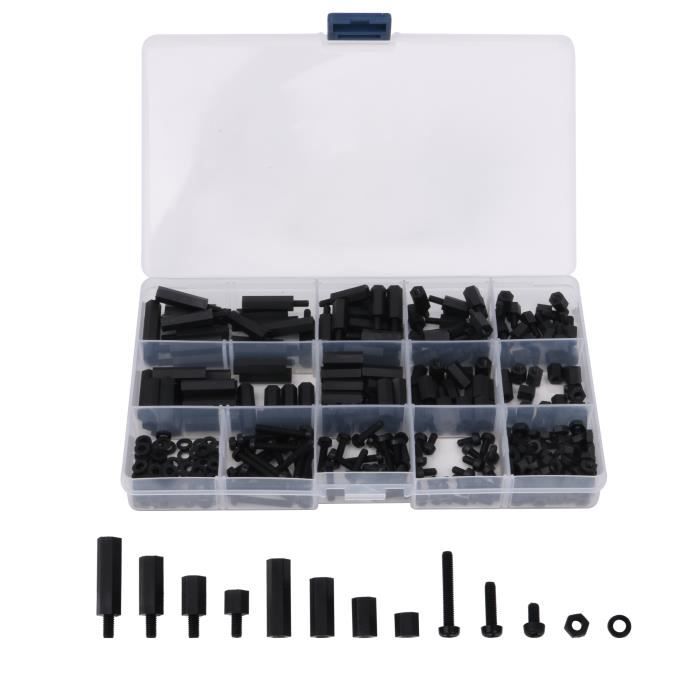 Kit d'assortiment de vis et écrous entretoises hexagonales en nylon 380 pièces noir M3 ...