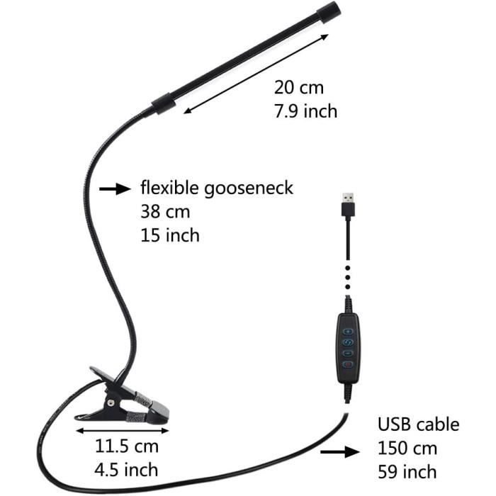 LED Lampe De Bureau à Pince,USB Alimenté Flexible Lampe De Lecture à Pince Pliable Réglable ...