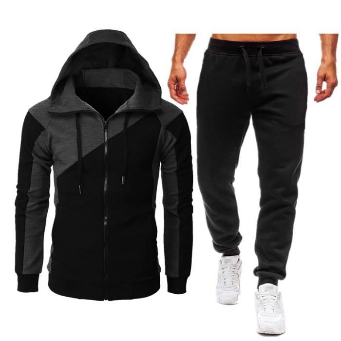 Ensemble Homme 2 Pièces, Sweat à Capuche Homme et Pantalon Jogging de Cordon de Serrage-Gris ...