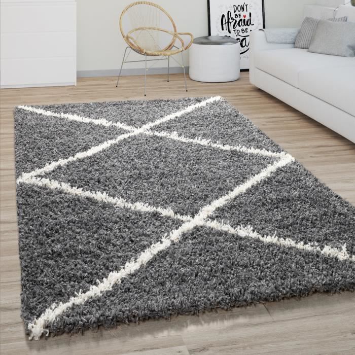 Tapis Poils Longs Salon Shaggy Motif Losanges Scandinave, Moderne Gris Foncé [140x200 cm ...