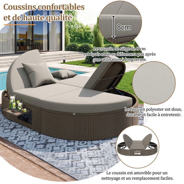 Bain de Soleil Double Rond Résine Tressée, Lit de Jardin Exterieur ...